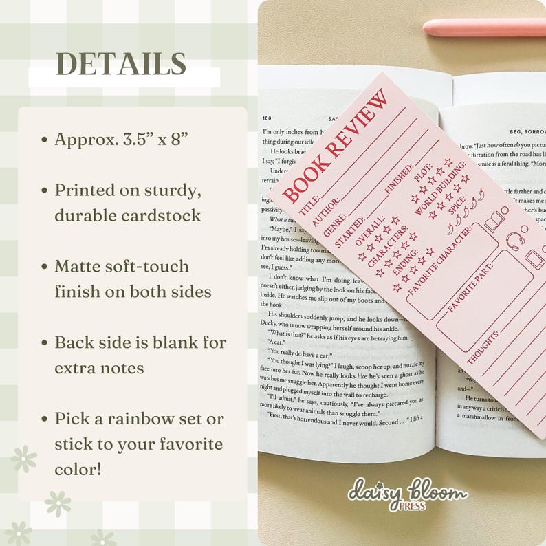 Book Review Bookmark Set of 8 16 Writable Matte Bookmarks for Readers ...