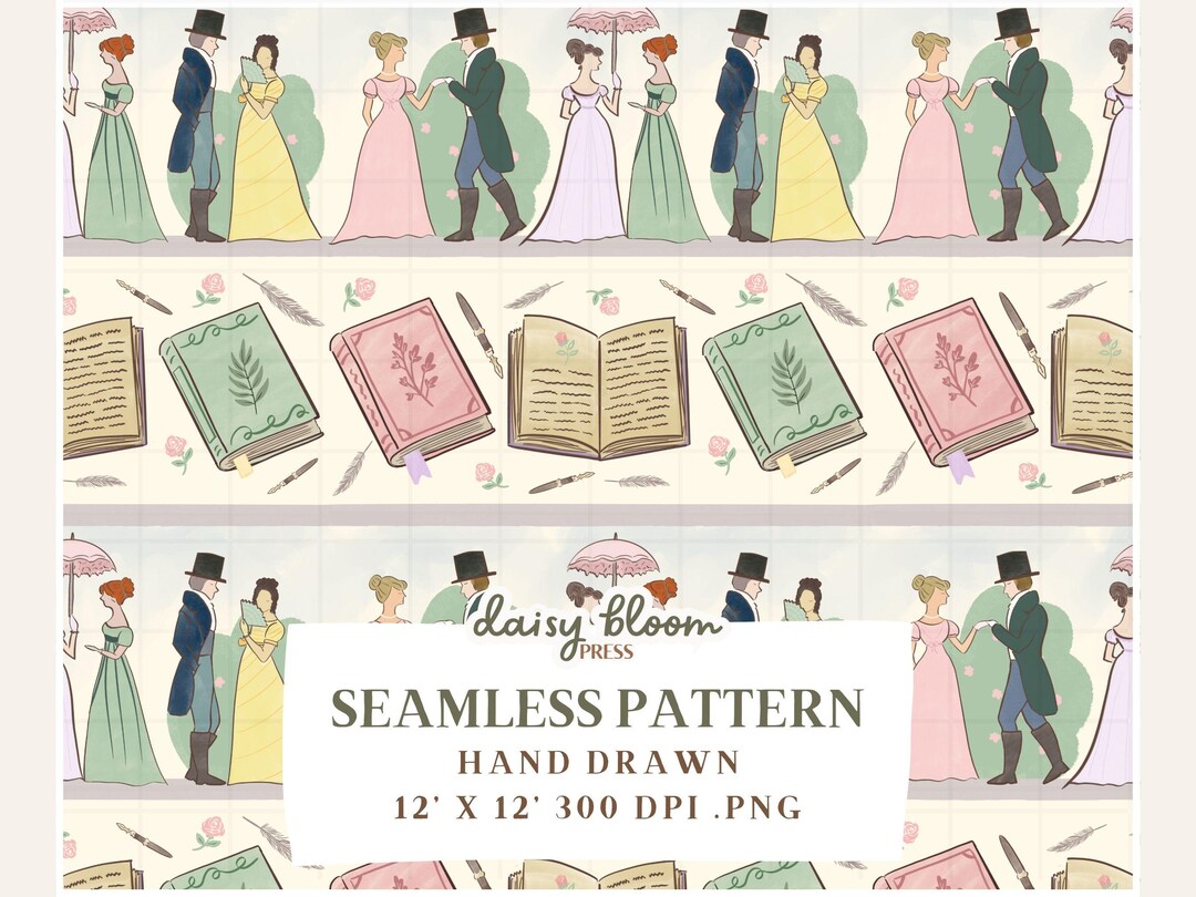 Bridgerton Inspired Seamless Pattern PNG Hand Drawn Bookish Print for ...