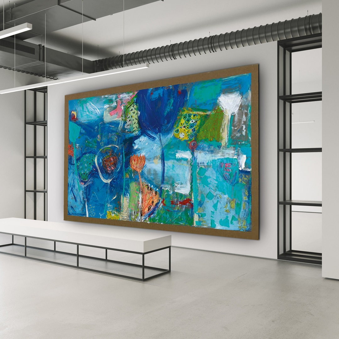 Large Blue Wall Art, Flower Wall Decor, Abstract Print on Canvas ...