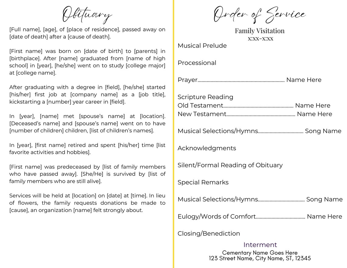 DIY Funeral Program Template, Obituary, Celebration of Life, Memorial ...