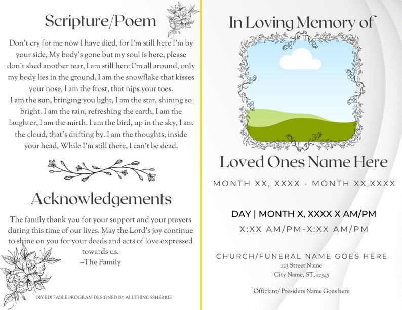 DIY Funeral Program Template, Obituary, Celebration of Life, Memorial ...
