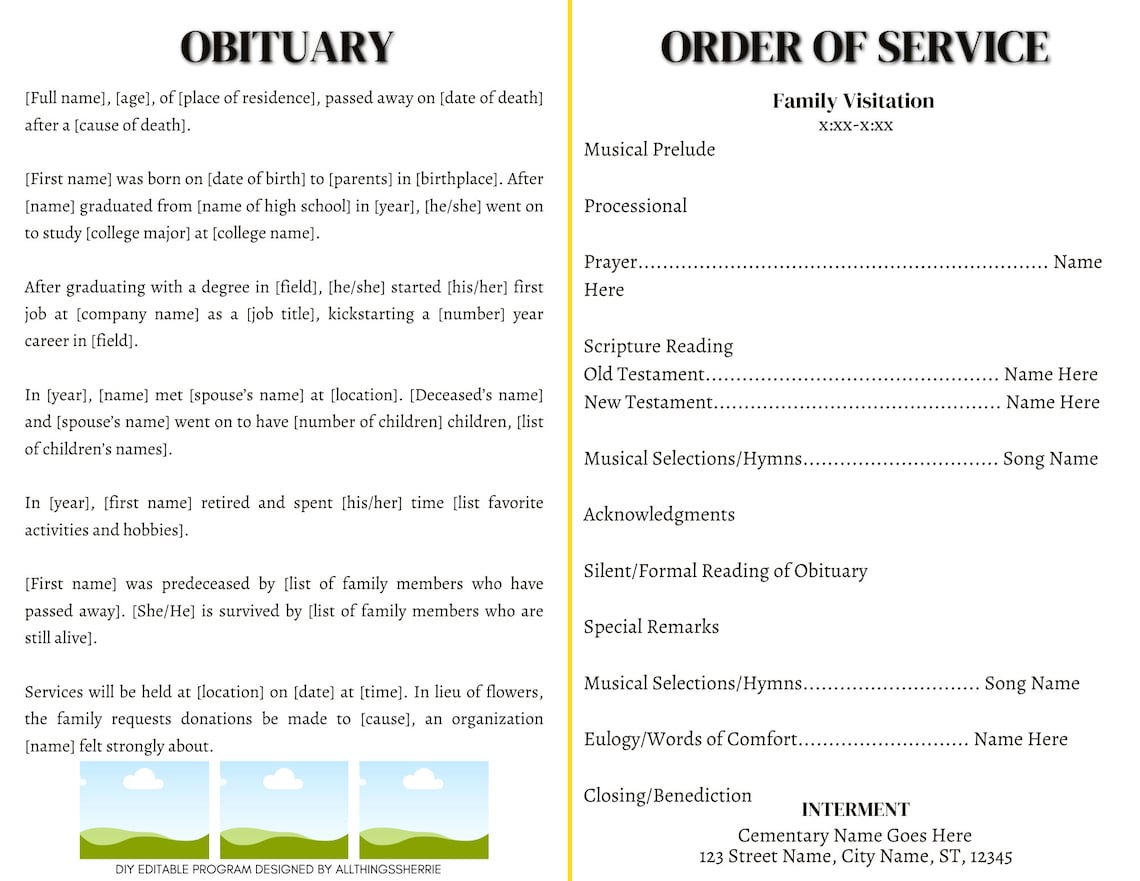 DIY Funeral Program Template, Obituary, Celebration of Life, Memorial ...