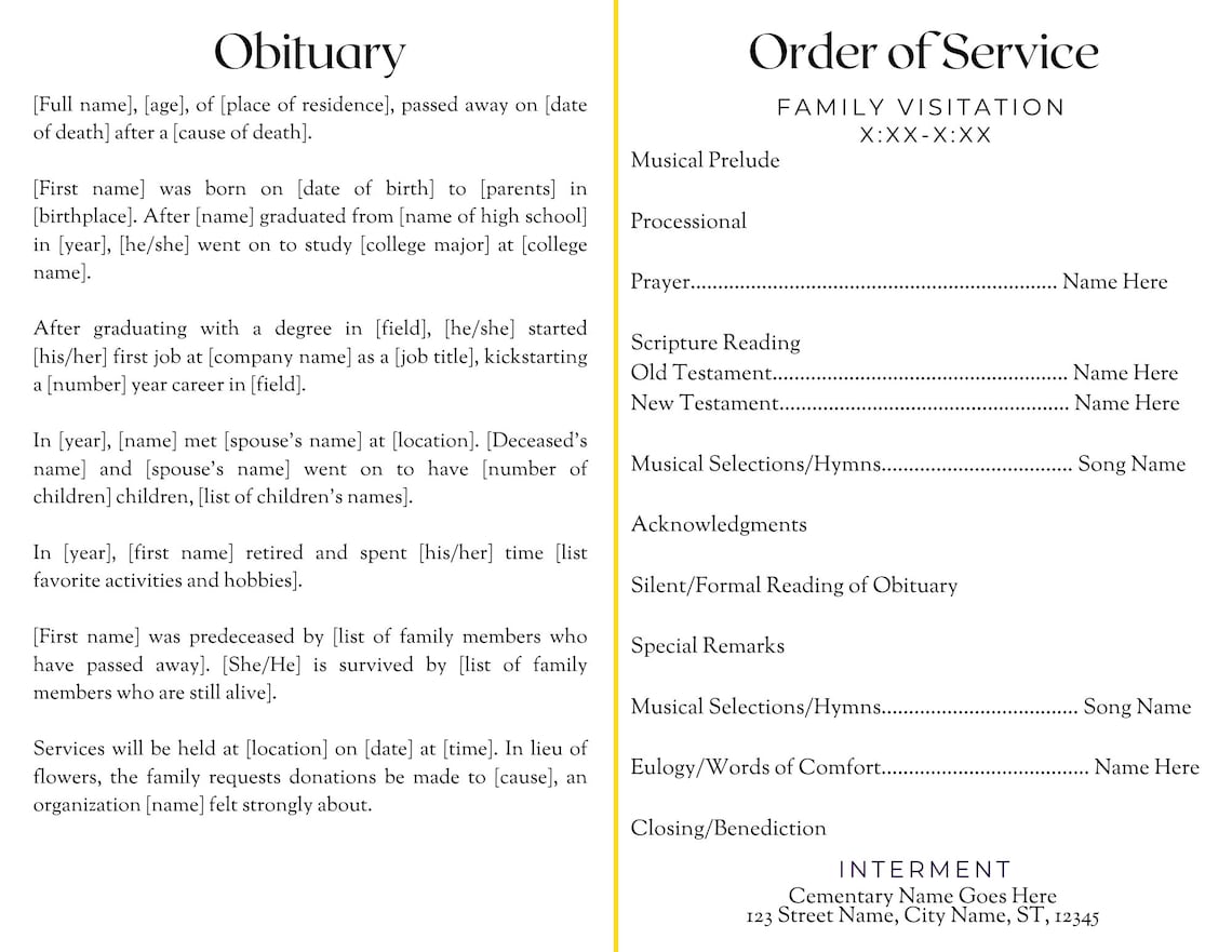 DIY Funeral Program Template, Obituary, Celebration of Life, Memorial ...