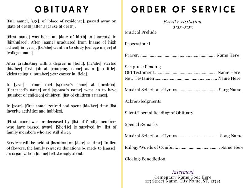 DIY Funeral Program Template, Obituary, Celebration of Life, Memorial ...