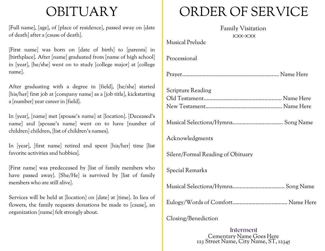 DIY Funeral Program Template, Obituary, Celebration of Life, Memorial ...