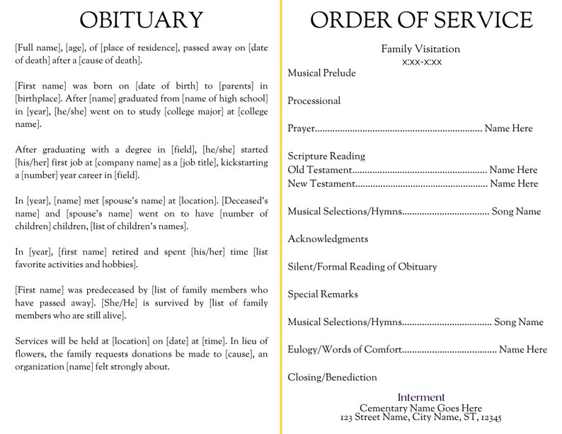 DIY Funeral Program Template, Obituary, Celebration of Life, Memorial ...