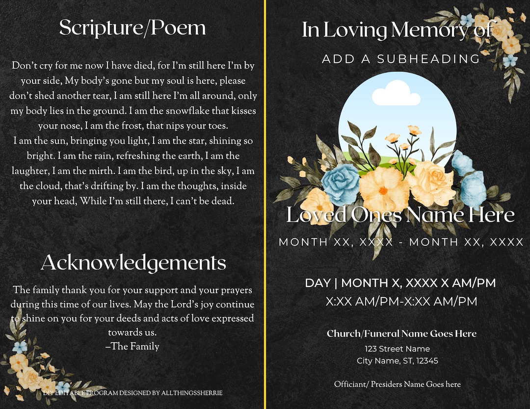 DIY Funeral Program Template, Obituary, Celebration of Life, Memorial ...