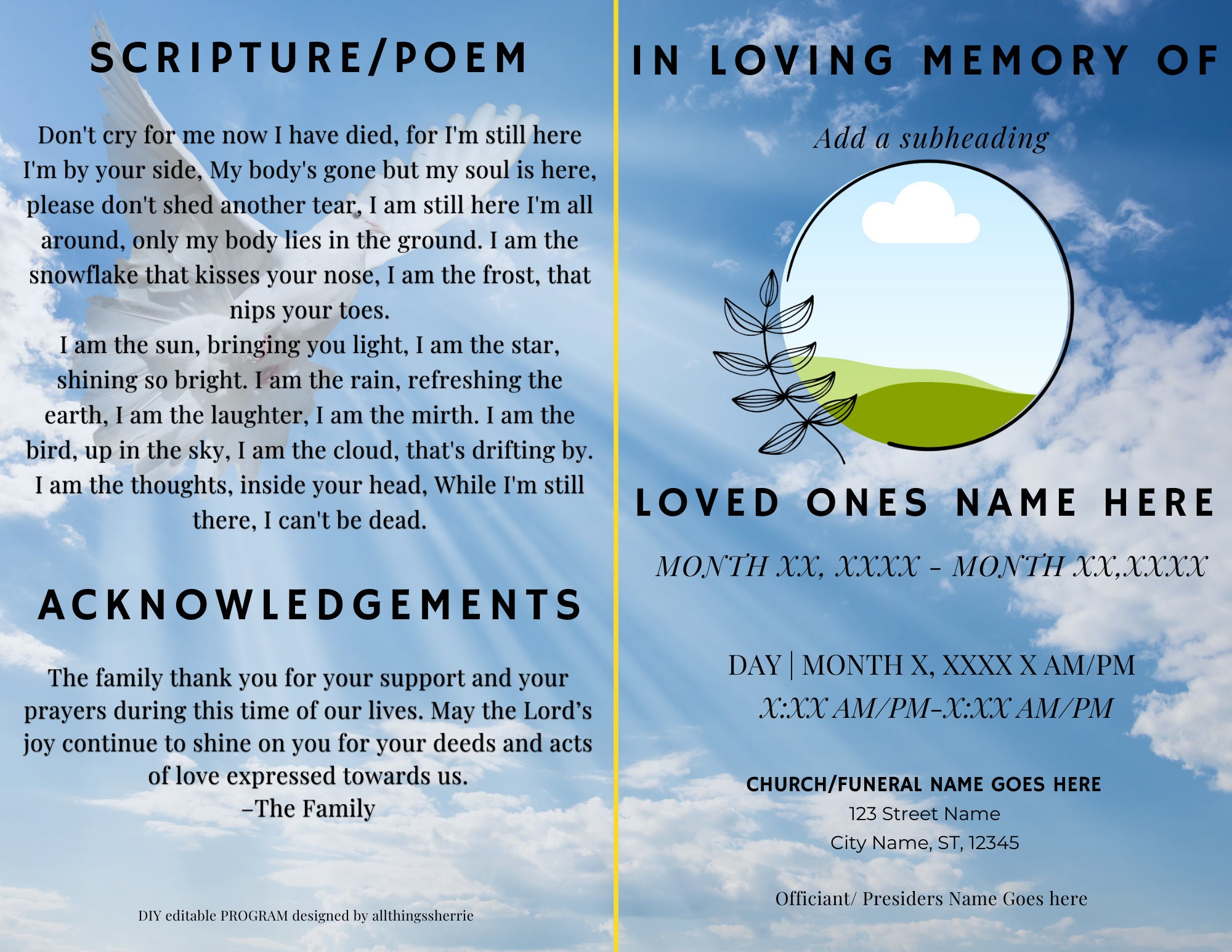 DIY Funeral Program Template, Obituary, Celebration of Life, Memorial ...