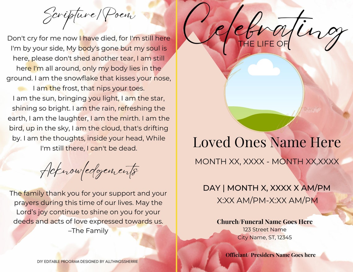 DIY Funeral Program Template, Obituary, Celebration of Life, Memorial ...