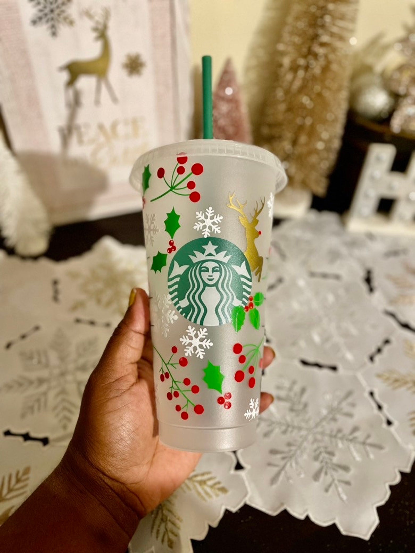 Christmas- Starbucks- Reindeer- Snowflake - Holly- Berries 24oz ...