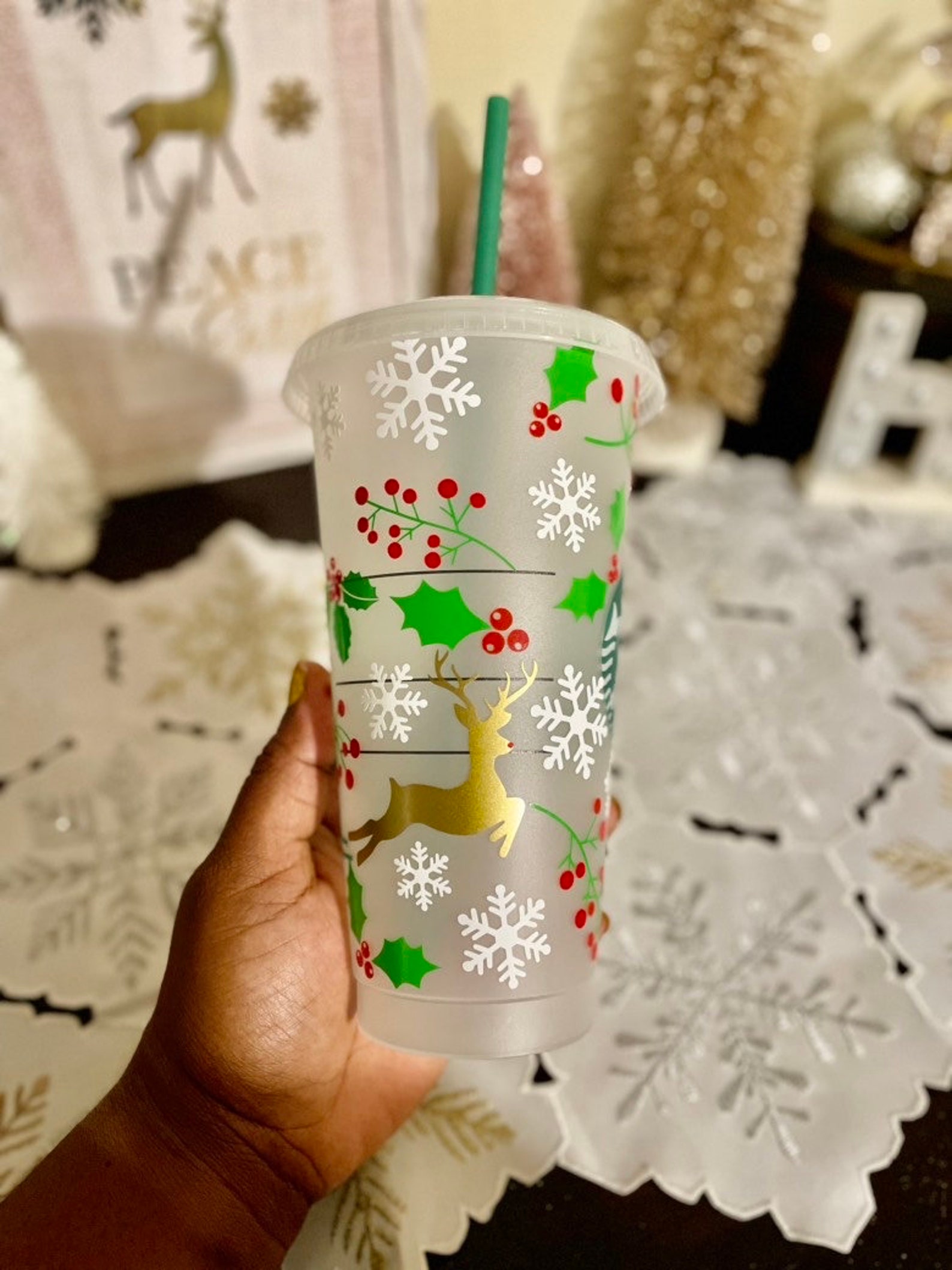 Christmas- Starbucks- Reindeer- Snowflake - Holly- Berries 24oz ...