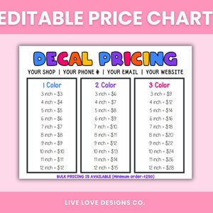 EDITABLE Vinyl Decal Price Chart Small Business Tool - Etsy