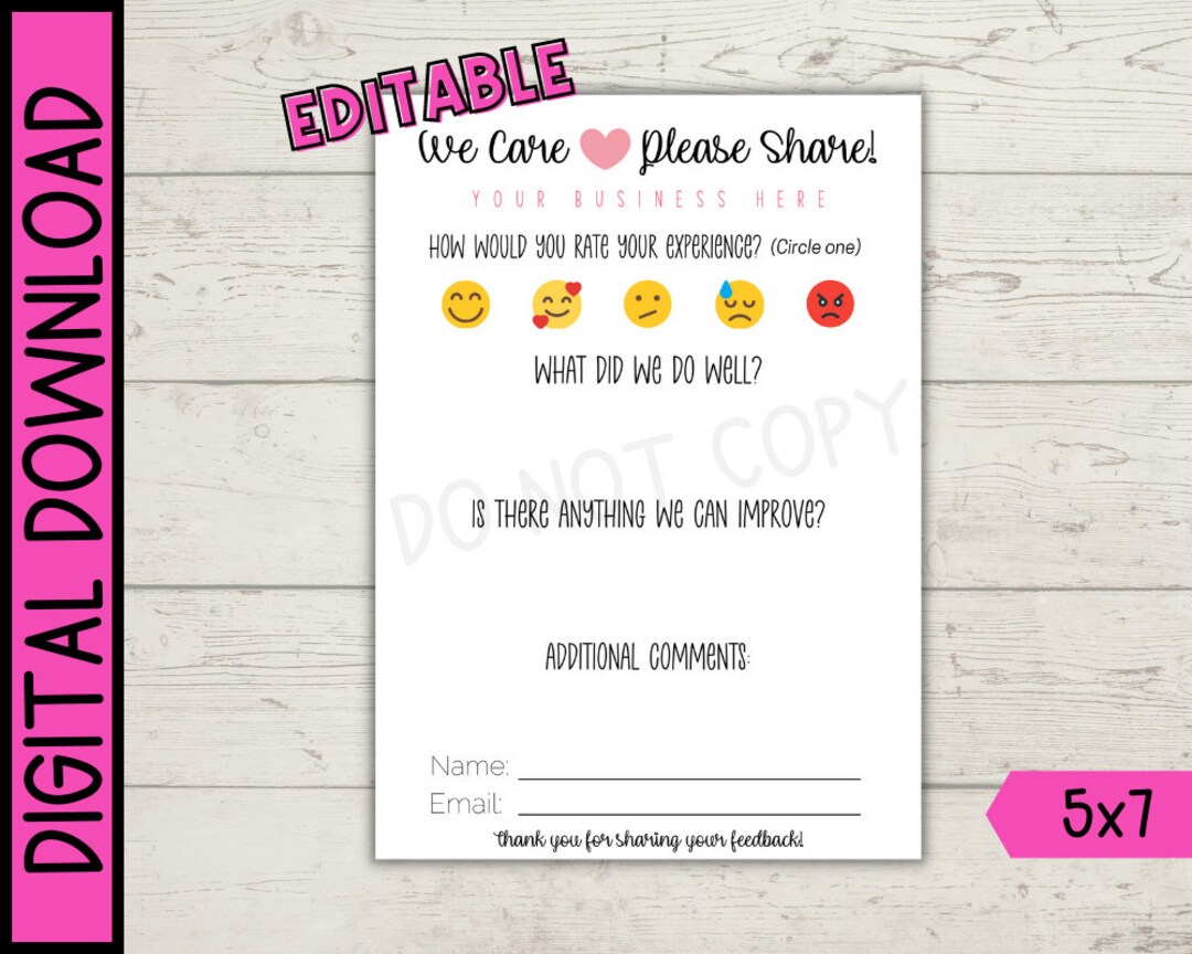 EDITABLE Pink Printable Customer Feedback Card for Small Business ...