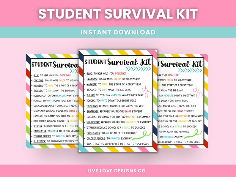 Student Survival Kit Printable Tag + Template - Etsy