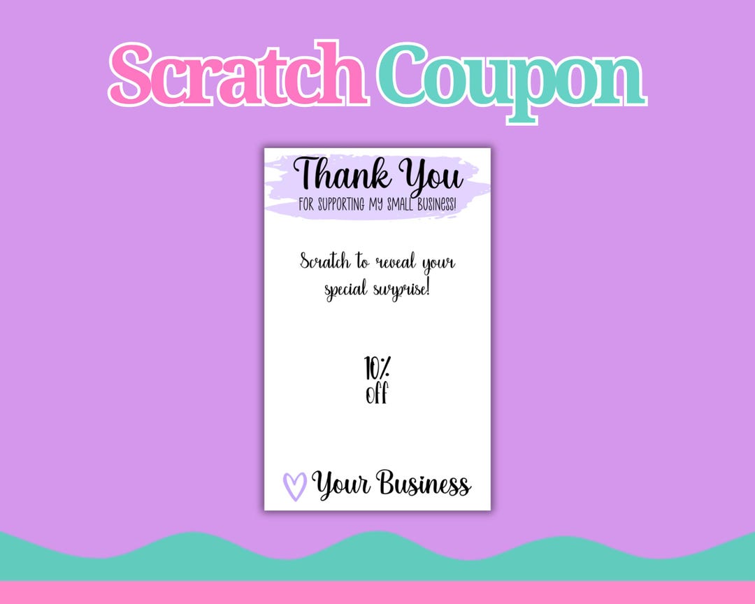 EDITABLE Custom Purple Scratch off Coupon Card Package Insert for Small ...
