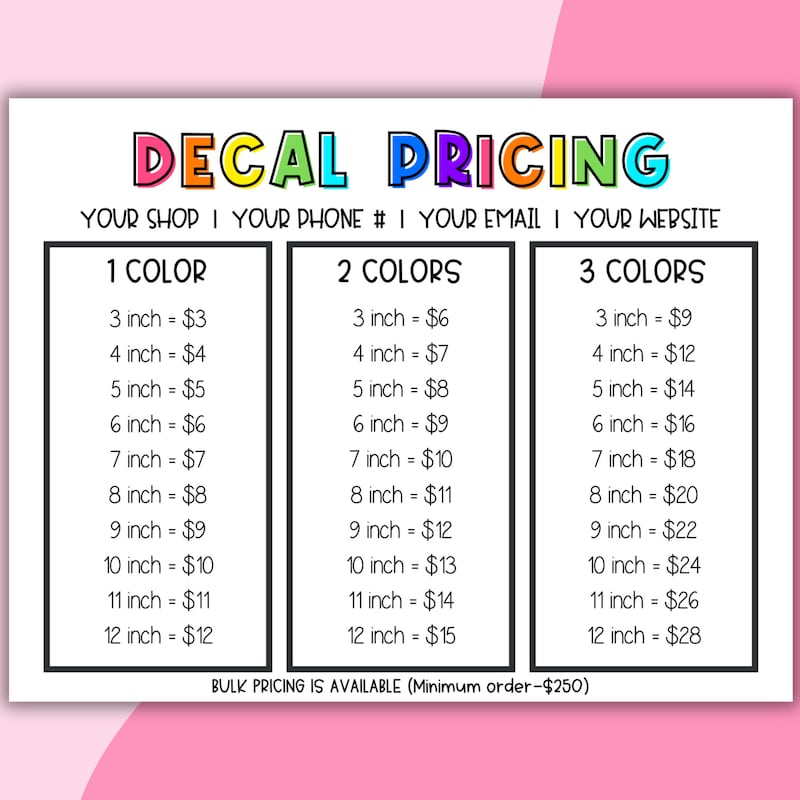 Vinyl Decal Pricing Chart - Etsy