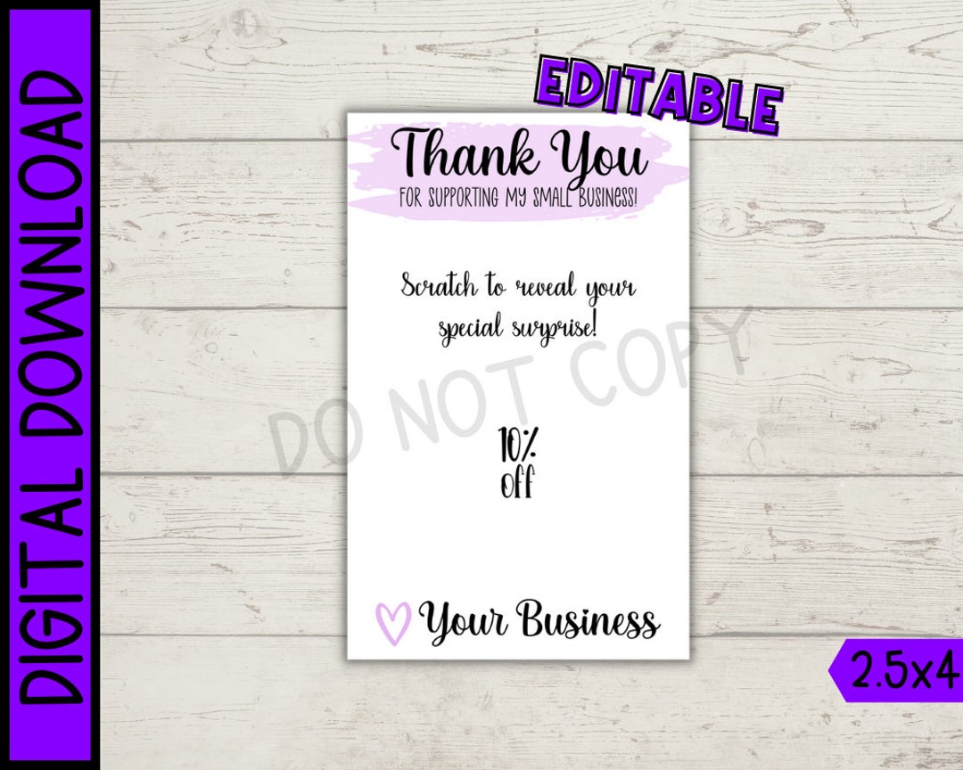 EDITABLE Custom Purple Scratch off Coupon Card Package Insert for Small ...