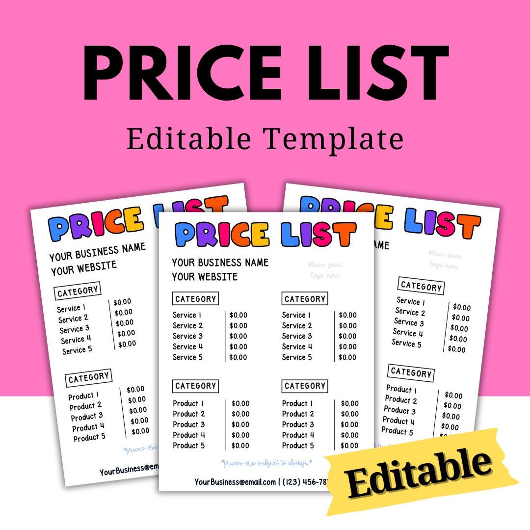 EDITABLE Price List | Price Chart | Small Business Tool - Etsy