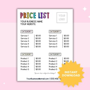 EDITABLE Generic Price List Template for Small Business - Etsy