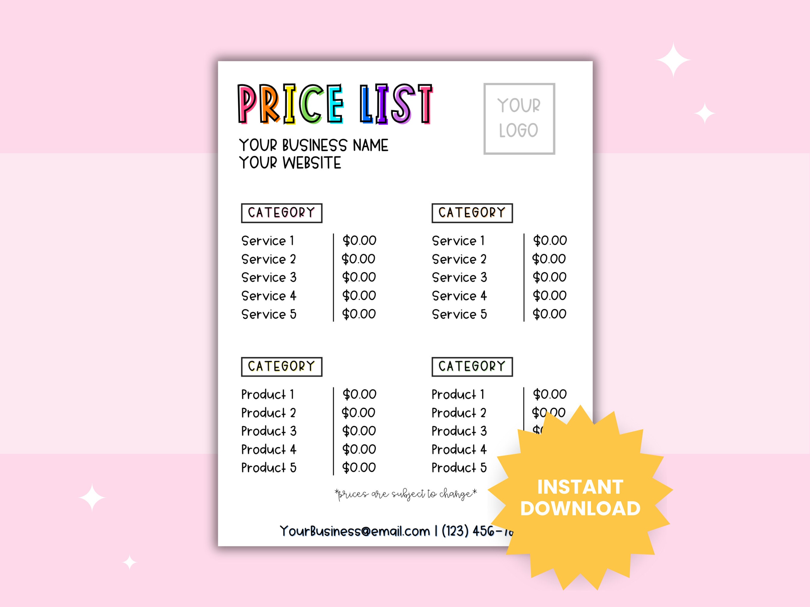 EDITABLE Generic Price List Template for Small Business - Etsy