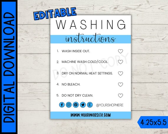 EDITABLE Printable Washing Instructions Laundry Care Card for - Etsy