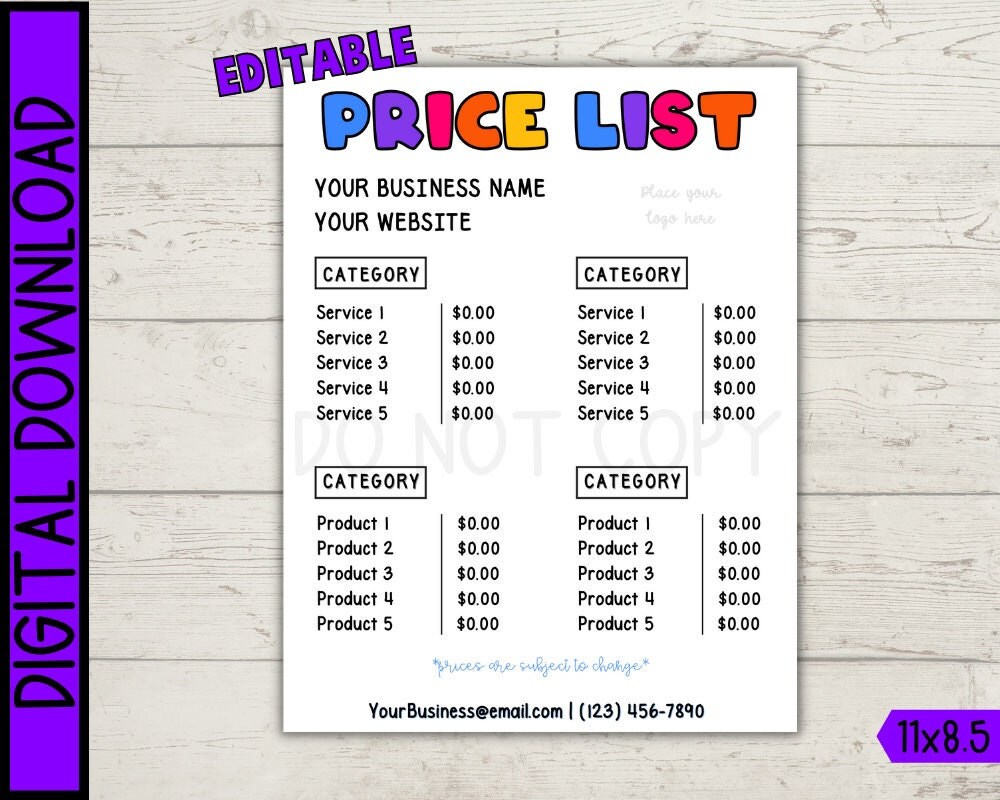 EDITABLE Price List Price Chart Small Business Tool digital Download - Etsy