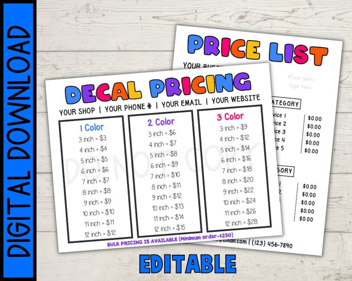 EDITABLE Decal Price List and Generic Price List Bundle Small Business ...