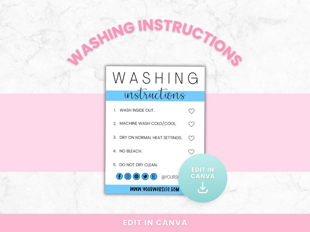 EDITABLE Printable Washing Instructions Laundry Care Card for Small ...