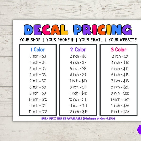 Editable Vinyl Decal Price Chart - Etsy