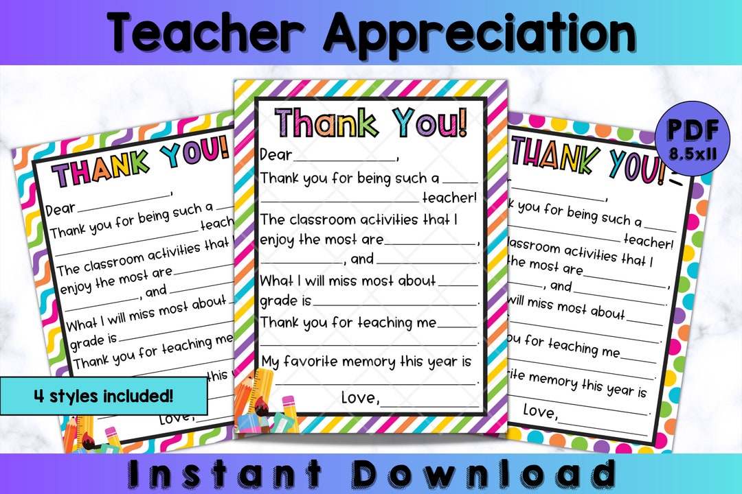 Teacher Thank You Appreciation Note Printable digital Download - Etsy