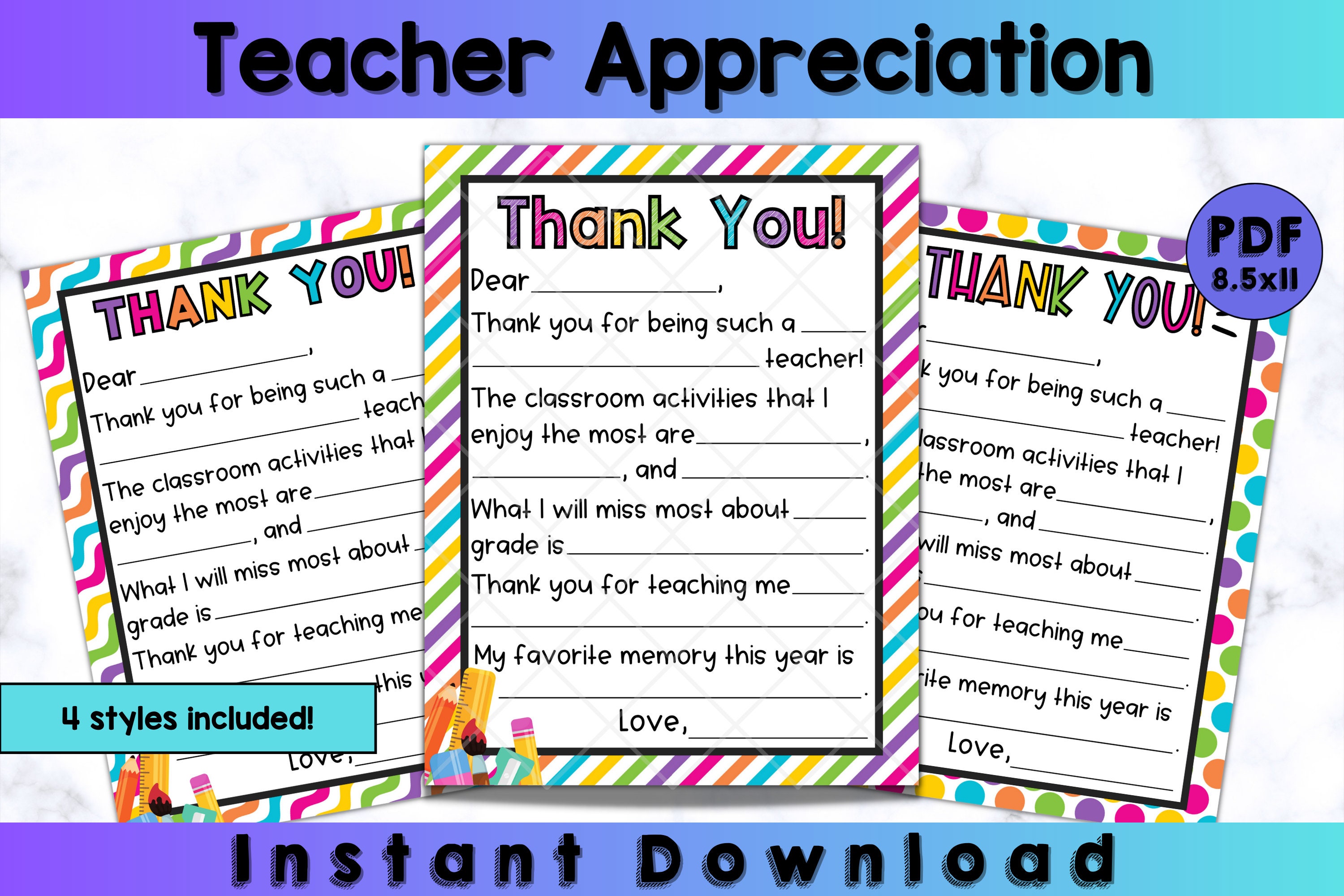 Teacher Thank You Appreciation Note Printable digital Download - Etsy