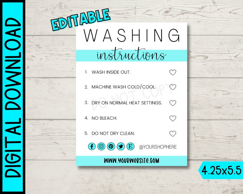 EDITABLE Teal Printable Washing Instructions Laundry Care - Etsy