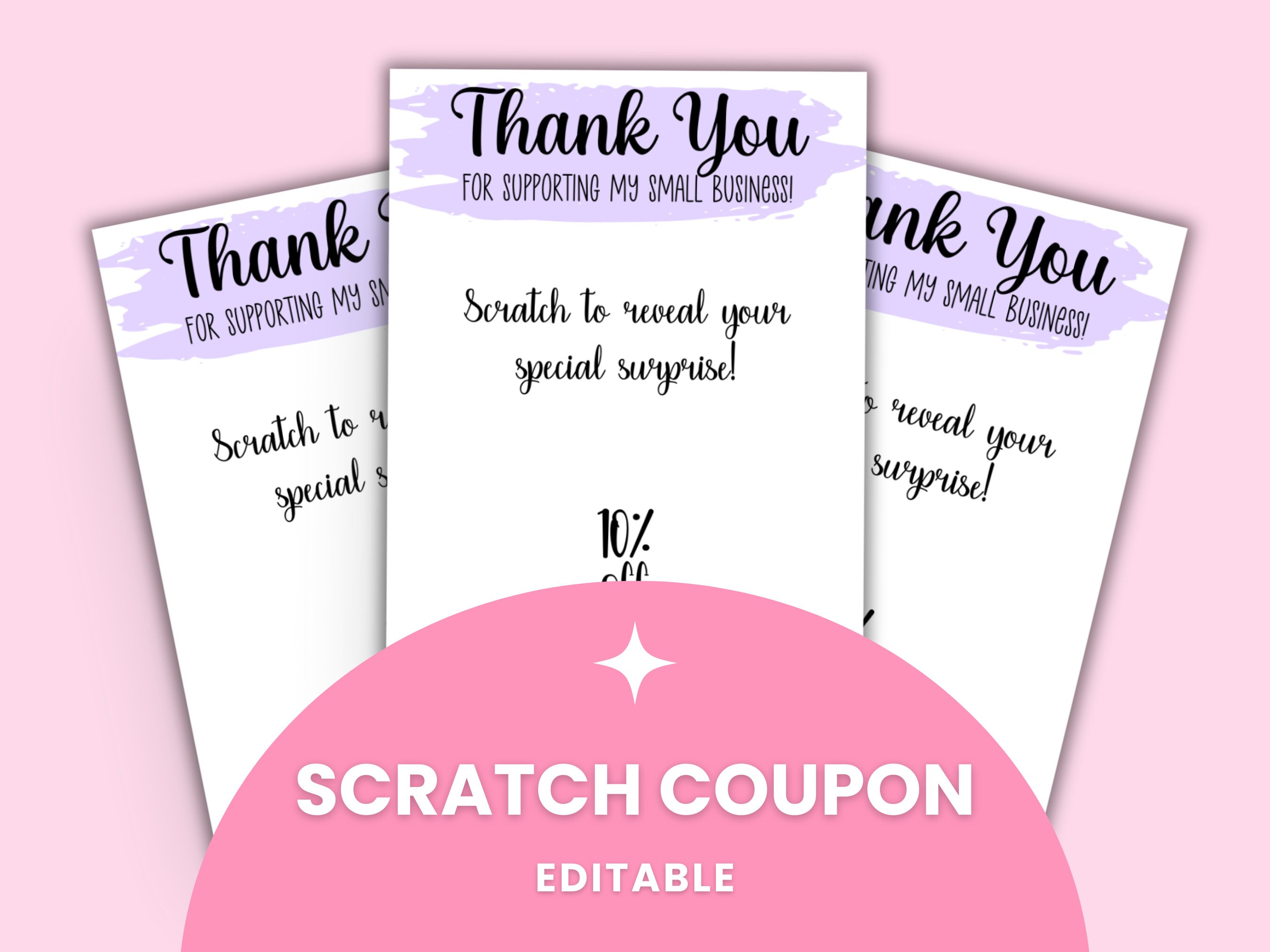 EDITABLE Custom Purple Scratch off Coupon Card Package Insert for Small ...