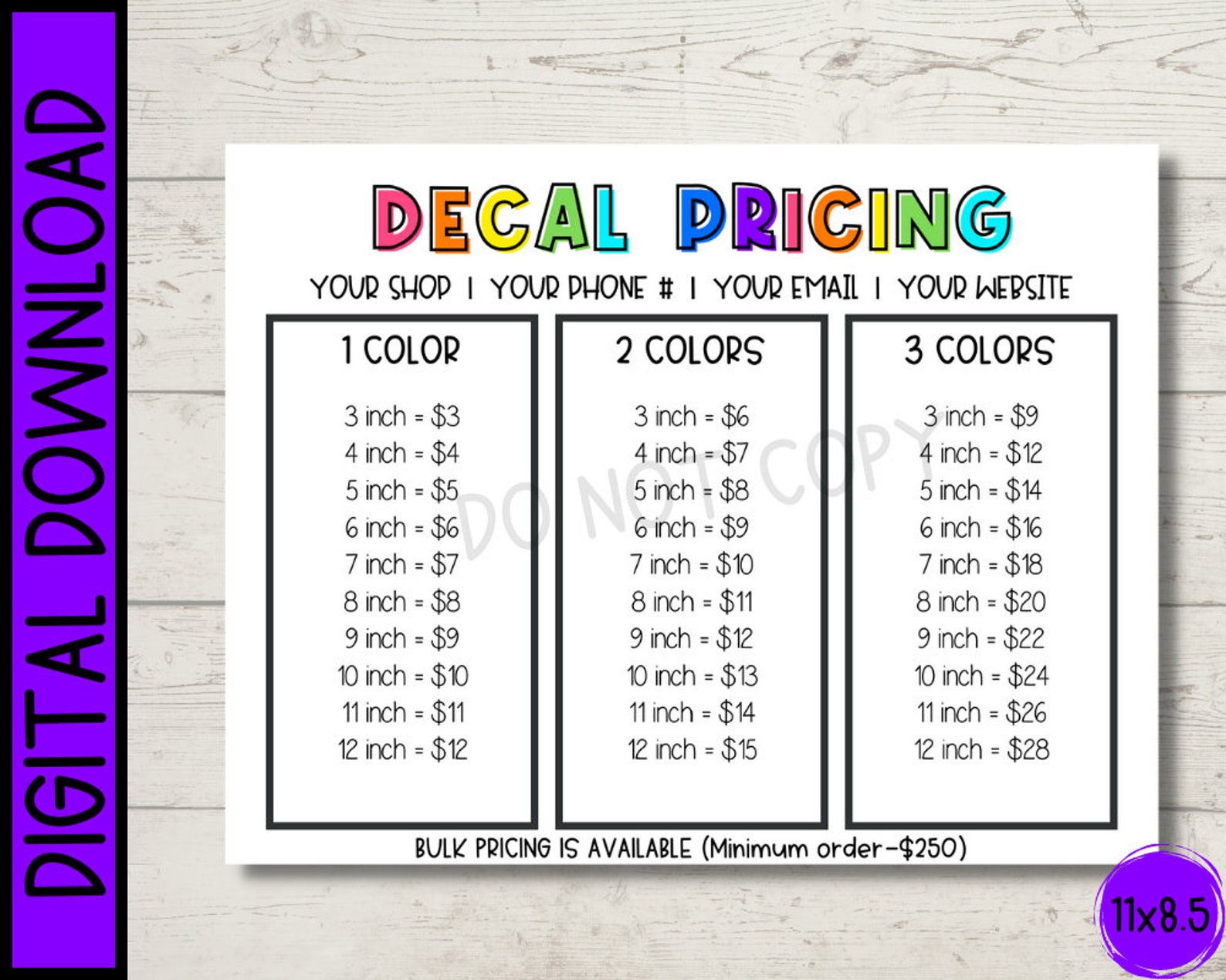 EDITABLE Decal Pricing Price List for Small Businesses digital Download ...
