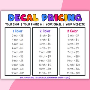EDITABLE Vinyl Decal Price Chart | Small Business Tool - Etsy