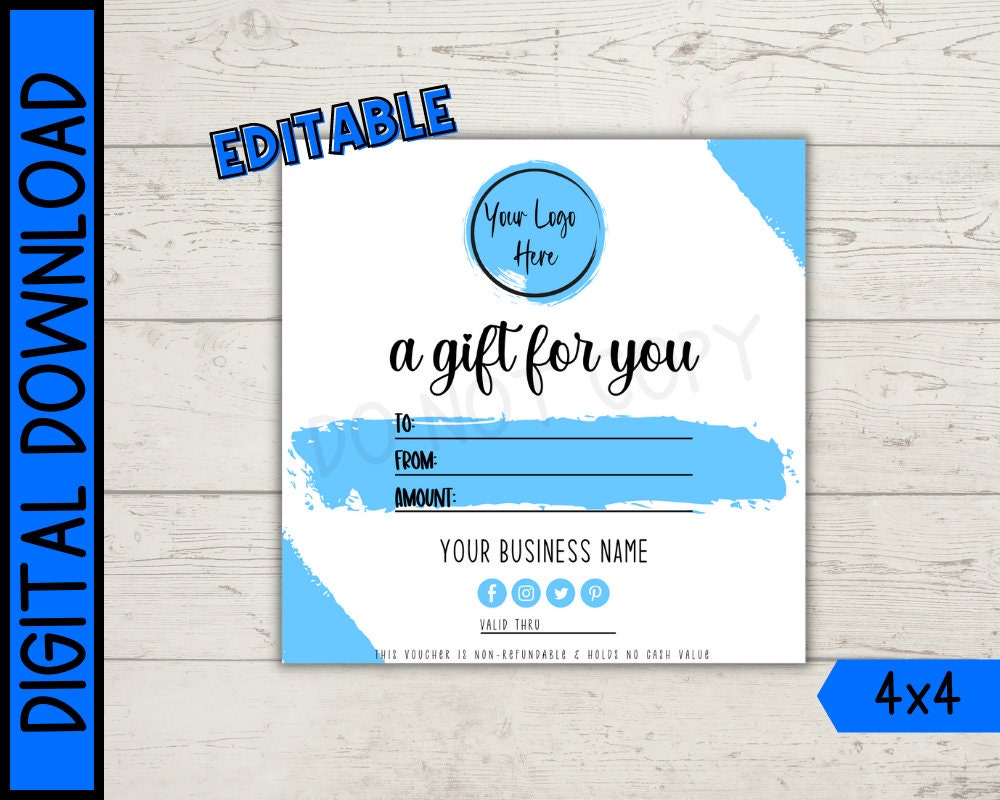 EDITABLE Blue Square Printable Gift Certificate for Small Business ...