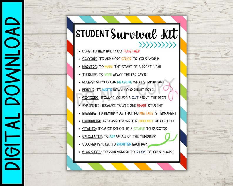 Student Survival Kit Printable Tag Template digital - Etsy