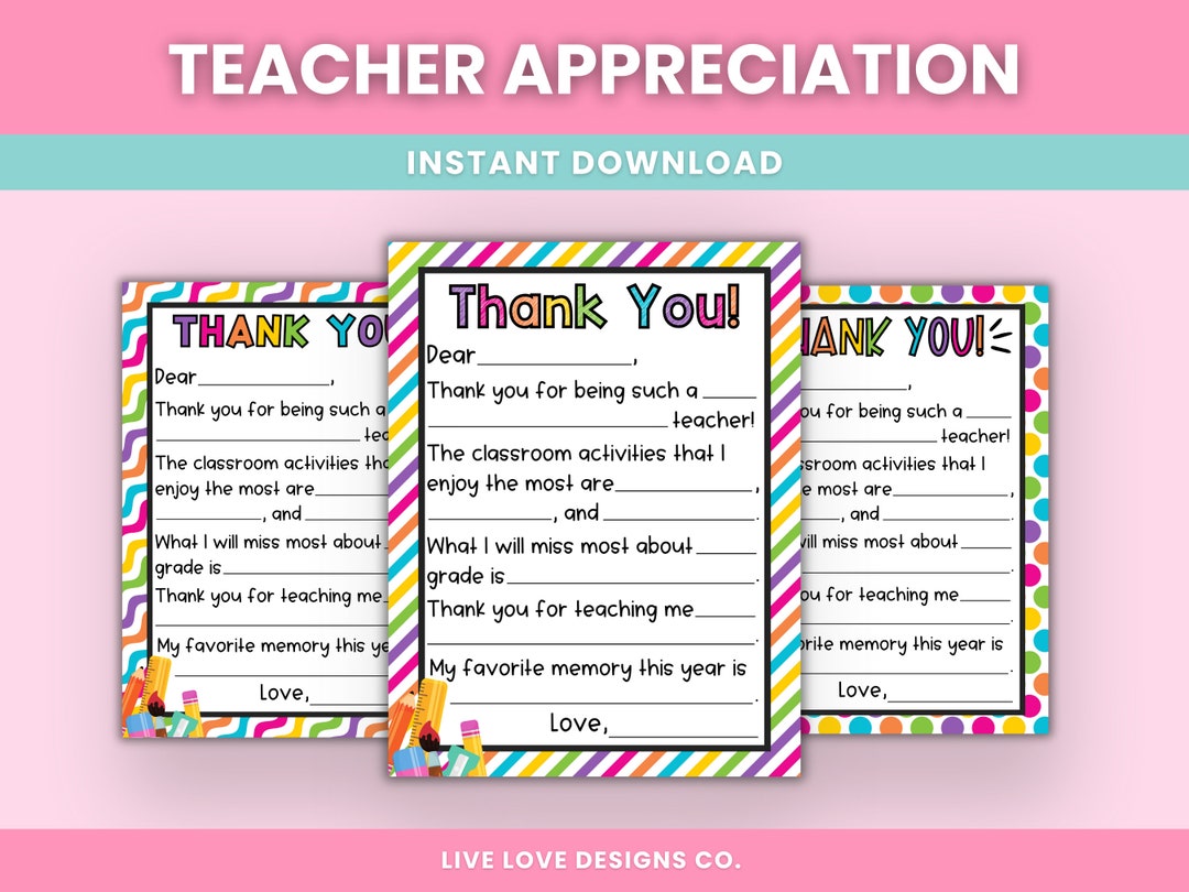Teacher Thank You Appreciation Note Printable - Etsy