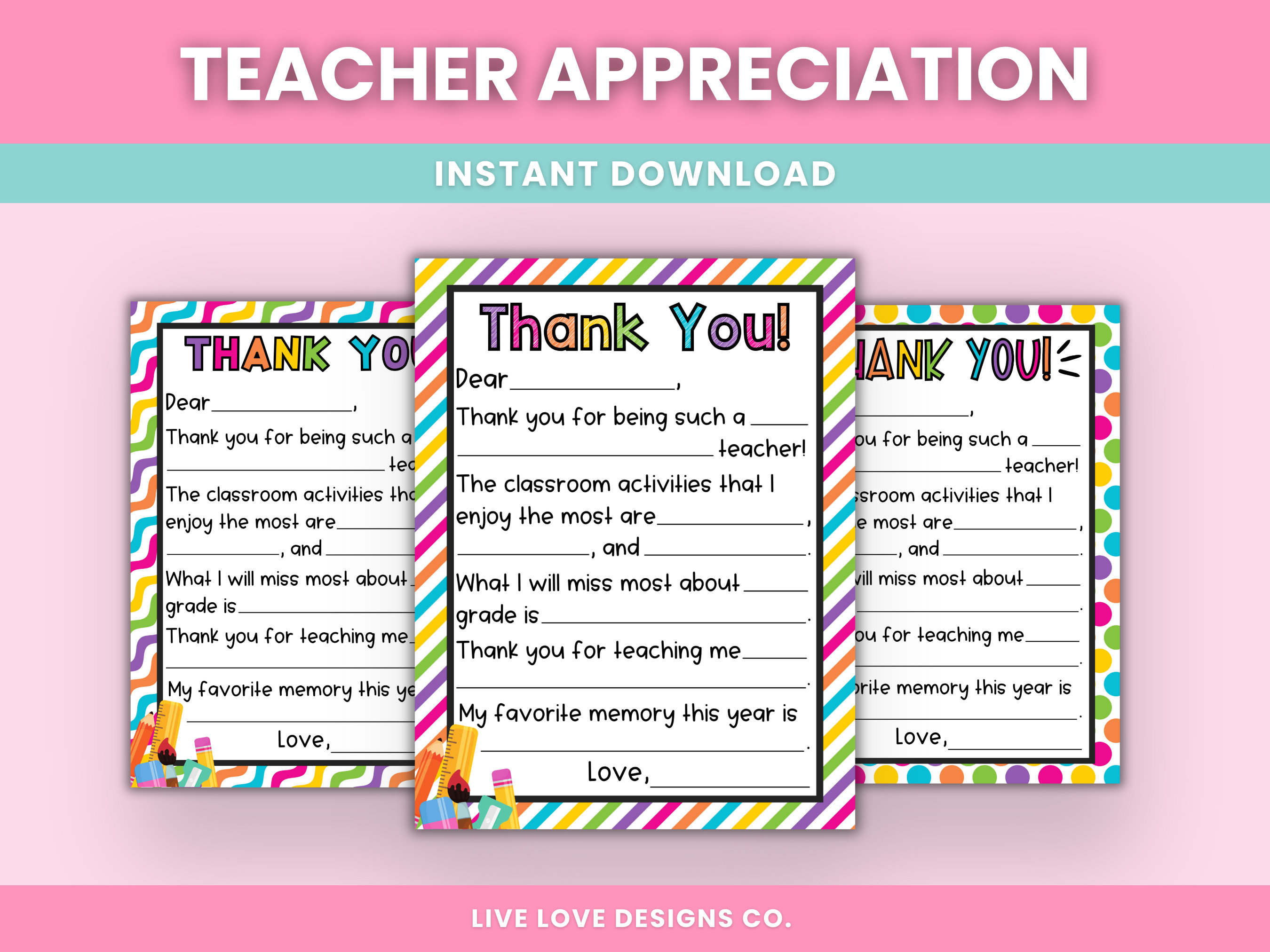 Teacher Thank You Appreciation Note Printable - Etsy
