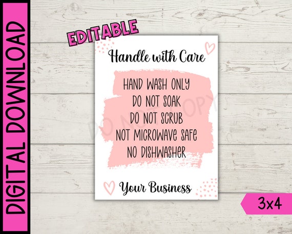 EDITABLE Pink Handle With Care Drinkware Care Card for Small - Etsy