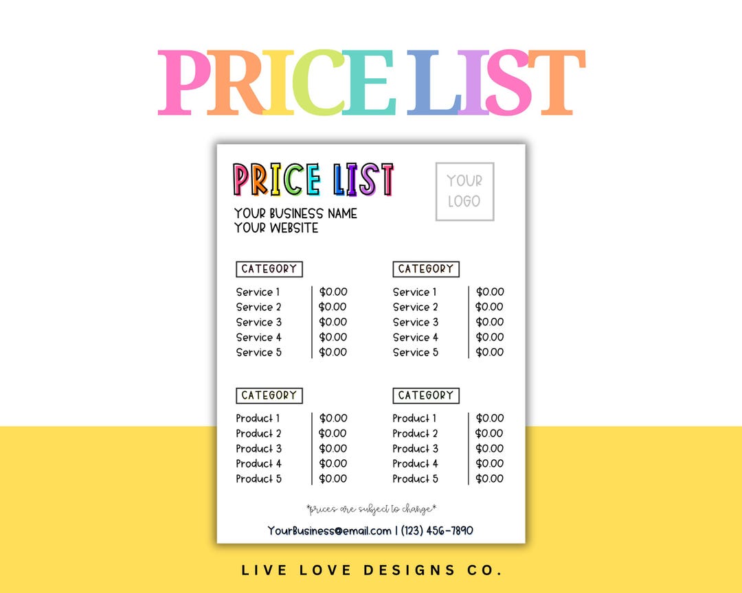 EDITABLE Generic Price List Template for Small Business - Etsy