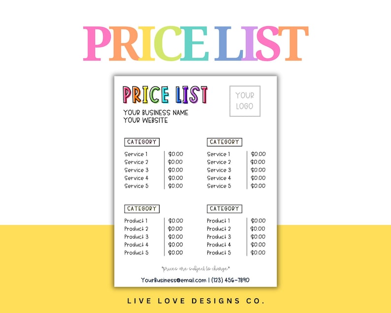 EDITABLE Generic Price List Template for Small Business - Etsy