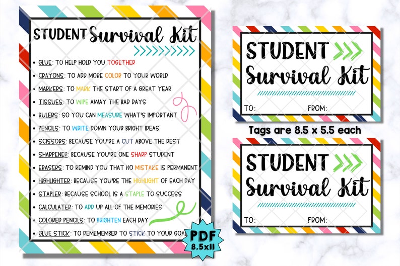 Student Survival Kit Printable Tag + Template - Etsy