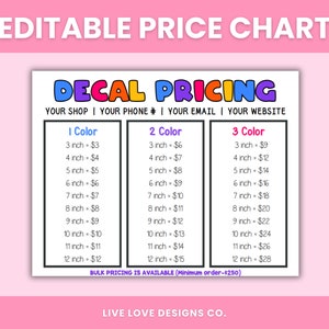 EDITABLE Vinyl Decal Price Chart Small Business Tool - Etsy