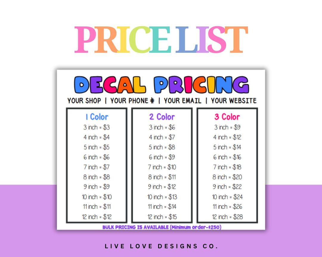 EDITABLE Vinyl Decal Price Chart | Small Business Tool - Etsy