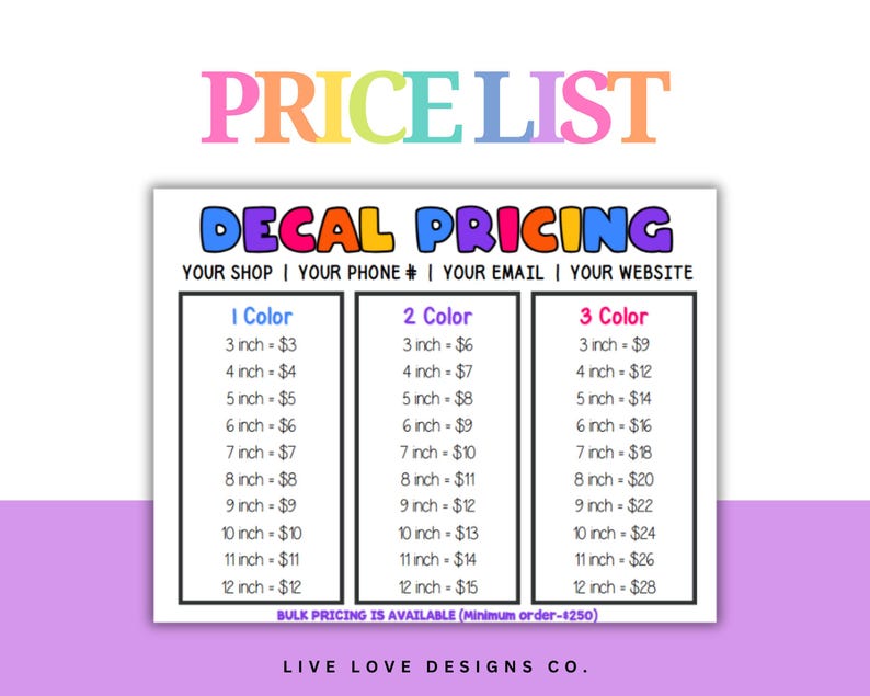 EDITABLE Vinyl Decal Price Chart | Small Business Tool - Etsy