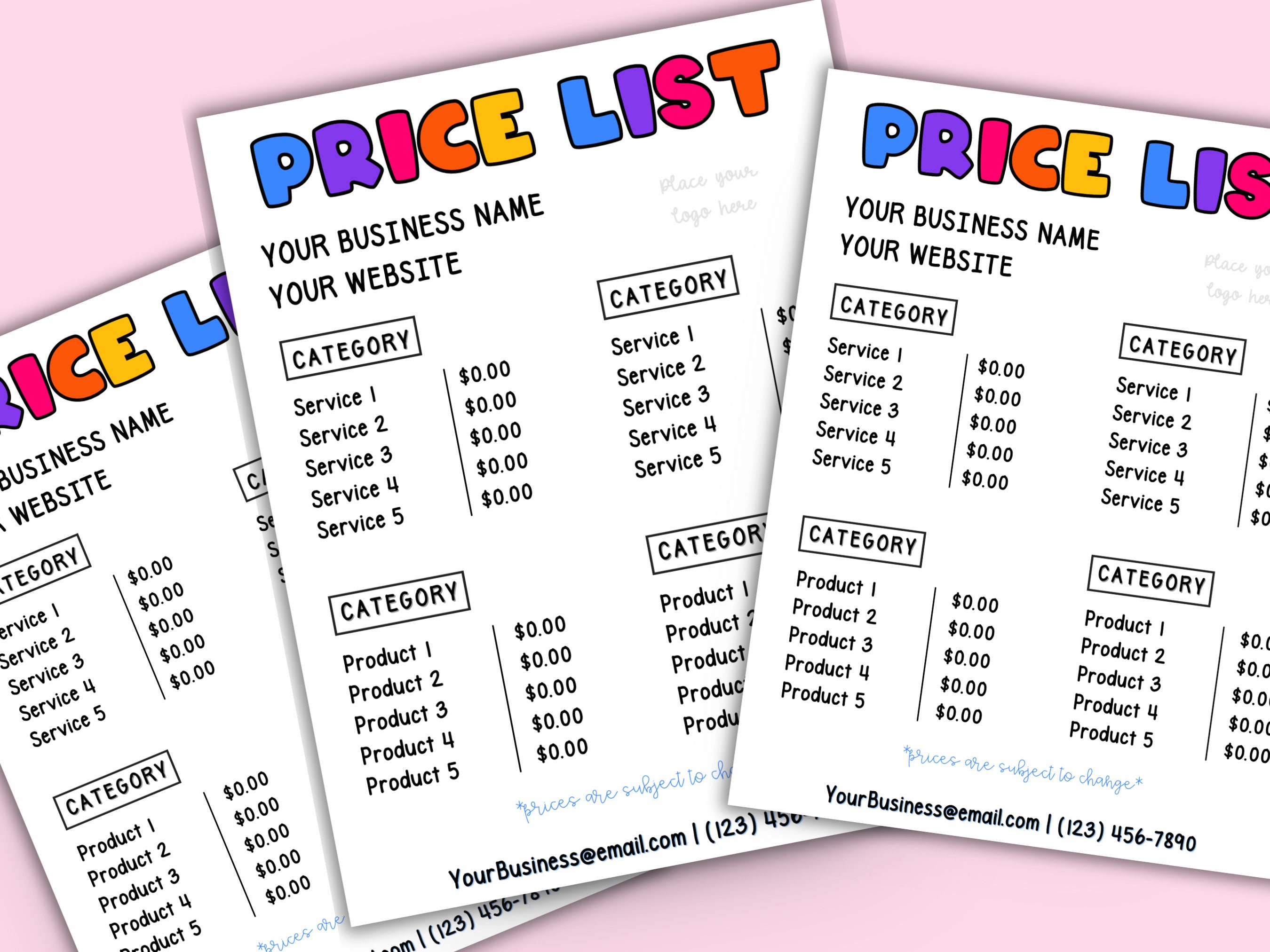 EDITABLE Price List | Price Chart | Small Business Tool - Etsy