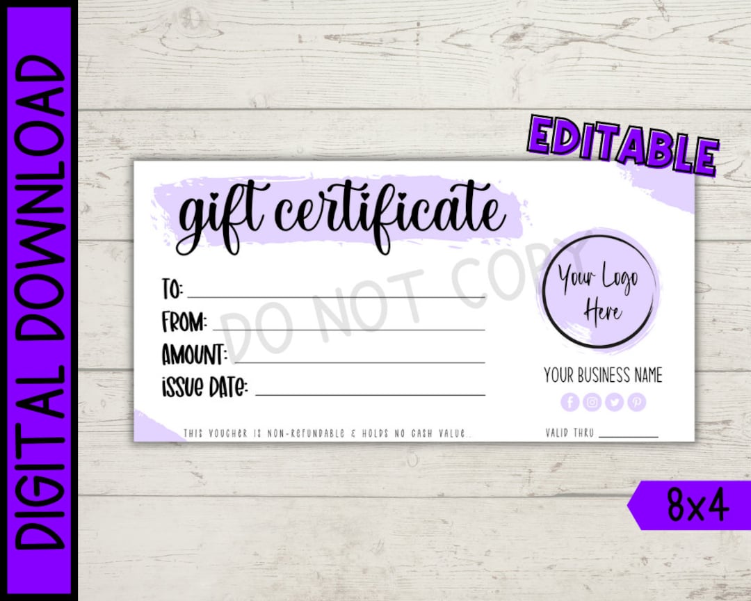 EDITABLE Purple Gift Certificate Printable Card for Small Business ...