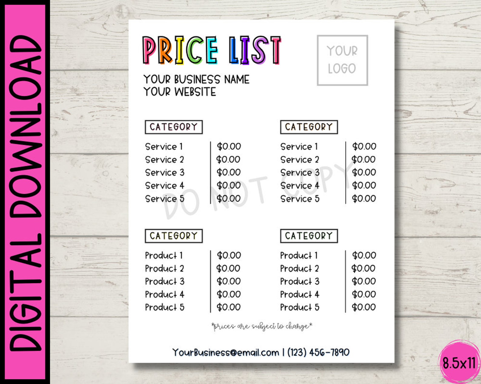 EDITABLE Generic Price List Template for Small Business digital ...