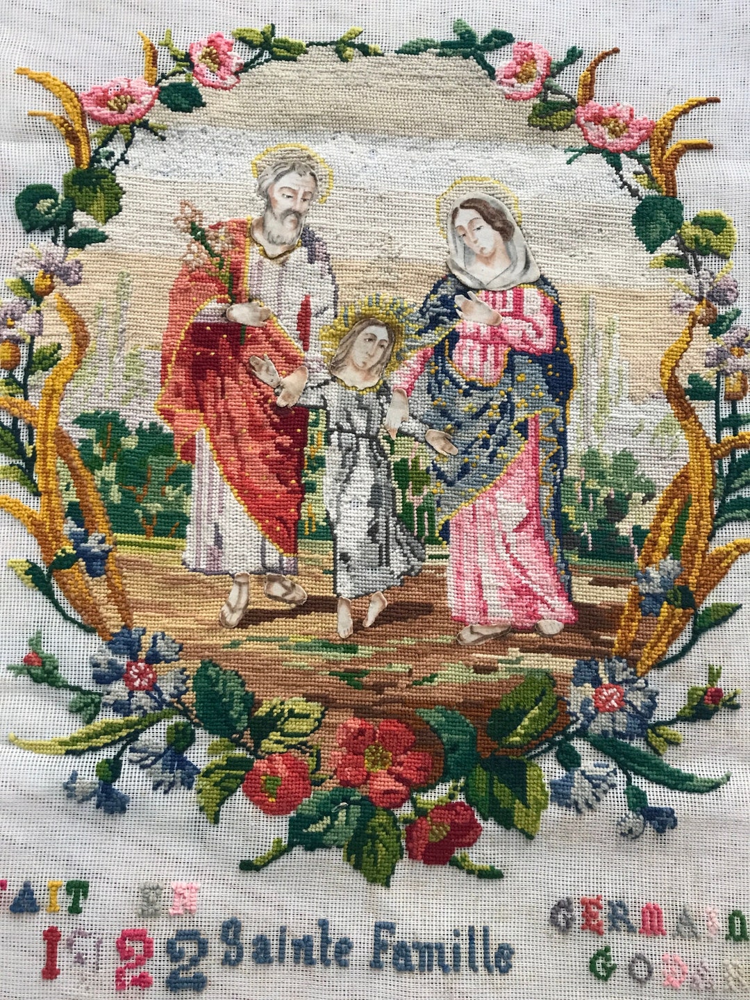 French Antique Hand Made Religious Wool Tapestry Holy Family Jesus Mary ...
